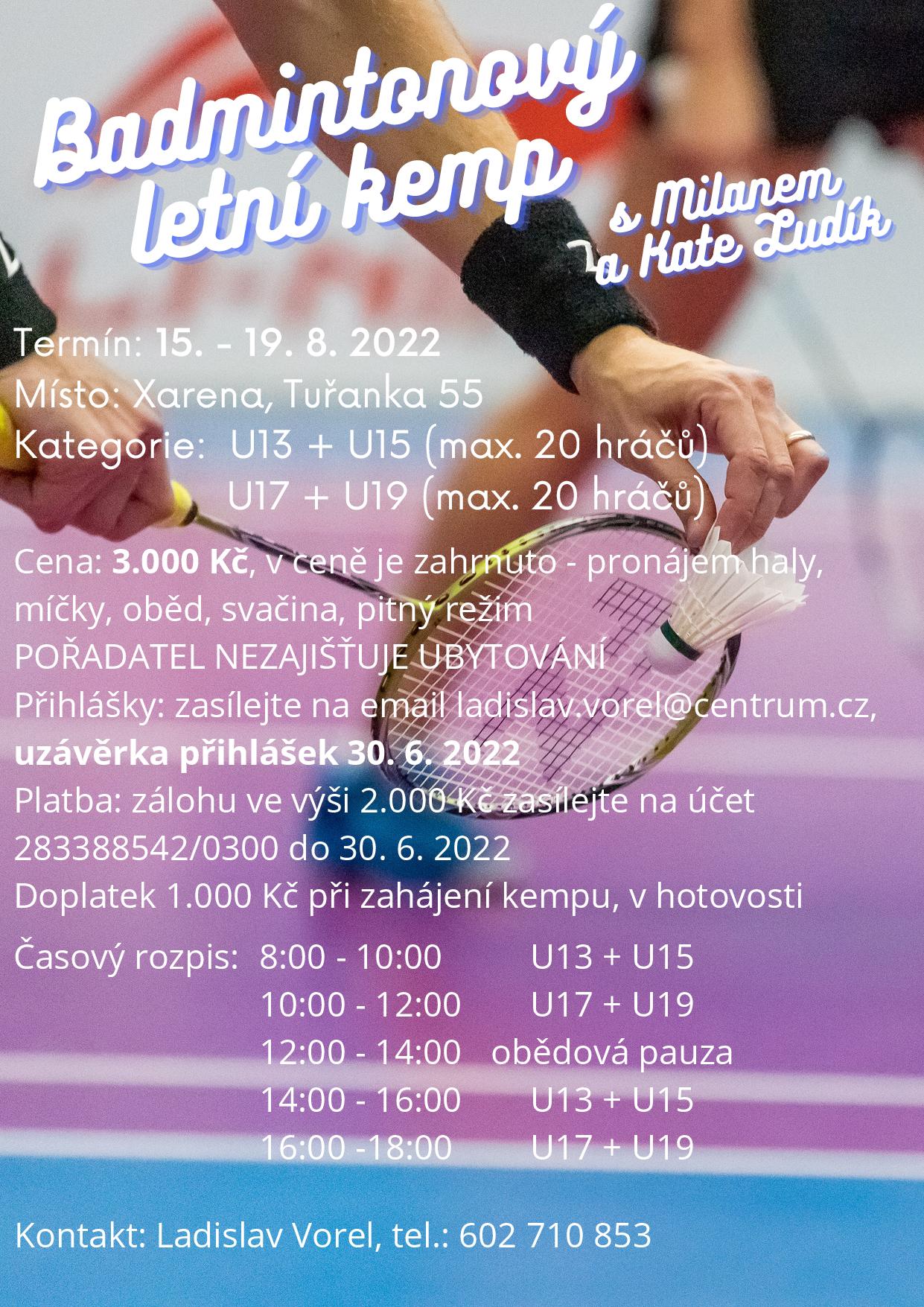 Pozvánka na letní badmintonový kemp U13-19s Milanem a Kate Ludík ...